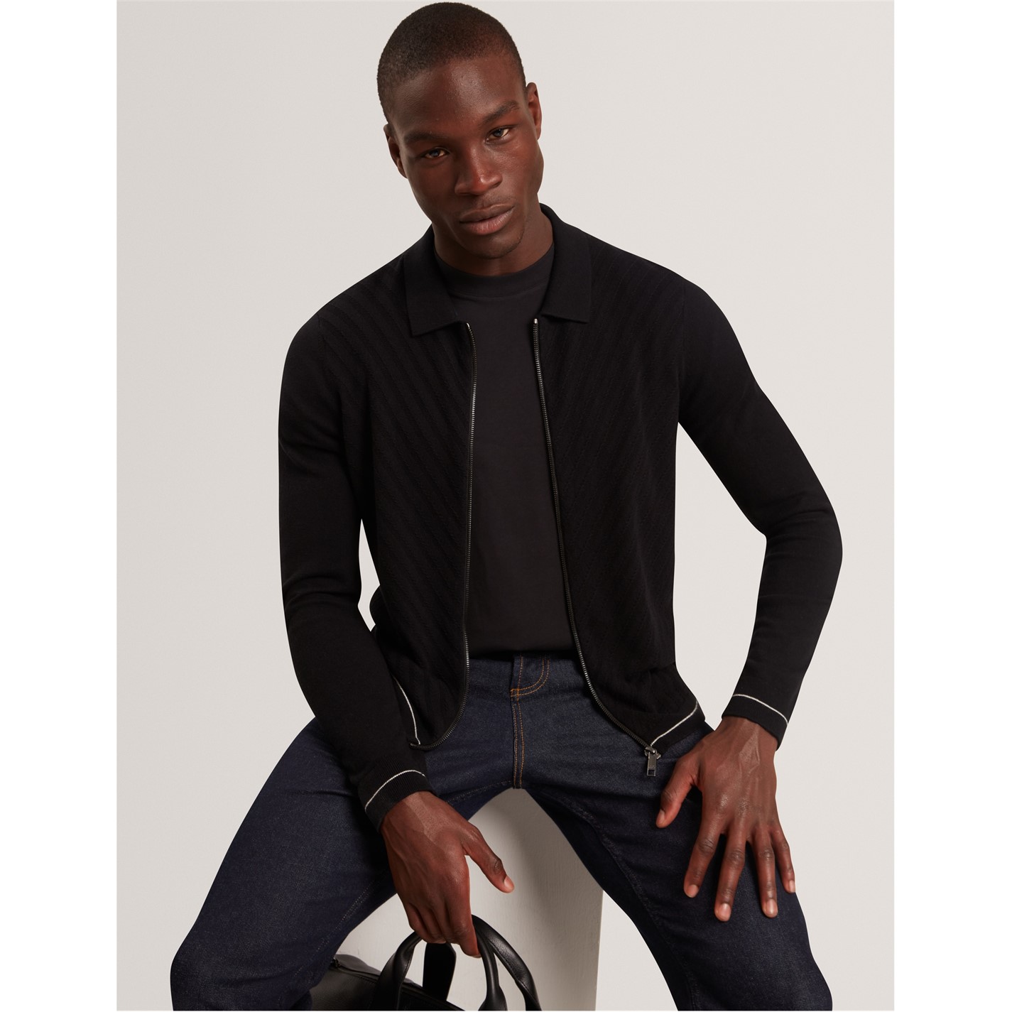 Ted Baker | Men's Long Sleeve Stitch Zip Through Knitted Top | Black ...