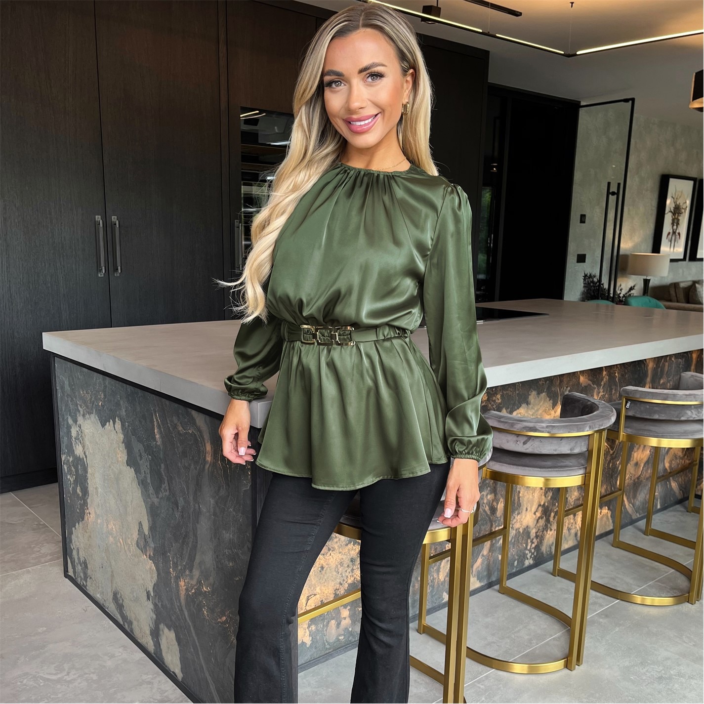 AX Paris | Satin Long Sleeve Gold Detail Belt Top | Pleated Tops ...