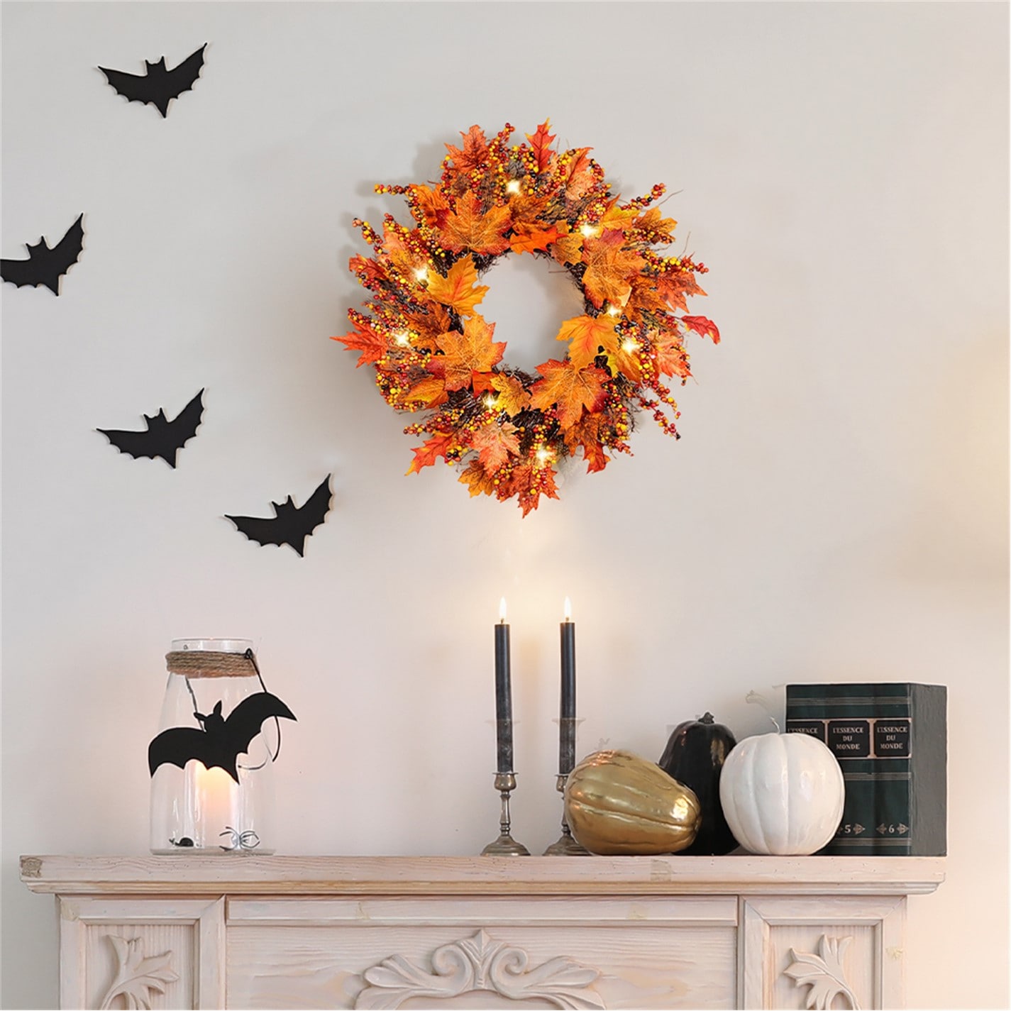 LIFE IDEAS | Lighted Maple Leaves Rattan Wreath | Orange | SportsDirect.com