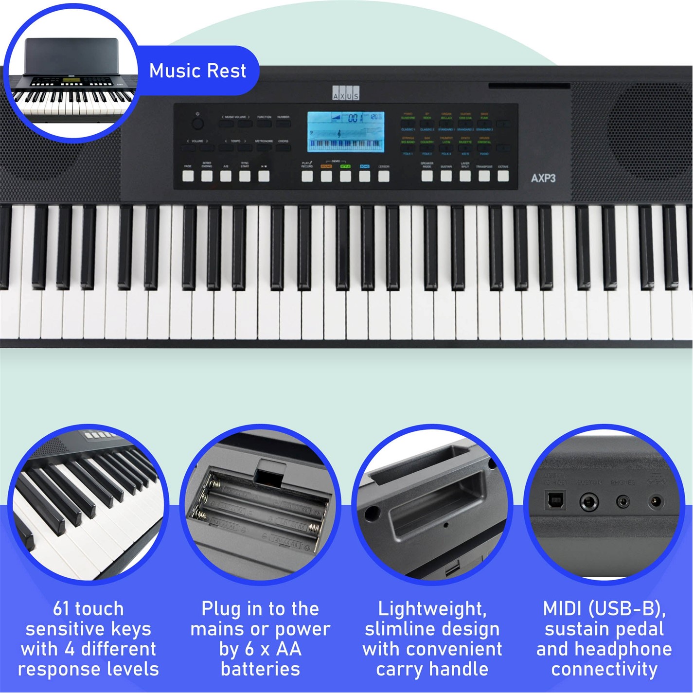 Axus | AXP3 61 Note Slimline Portable Keyboard | Black | SportsDirect.com