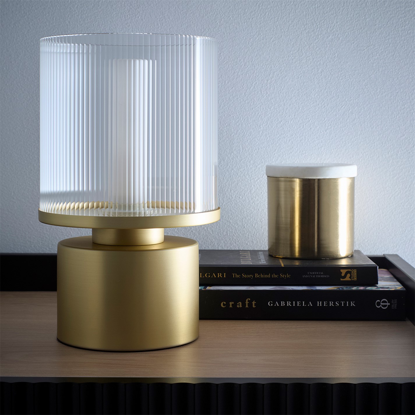 K Living | Zoja Satin Nickel Table Lamp with Ribbed Glass Sha | Satin ...