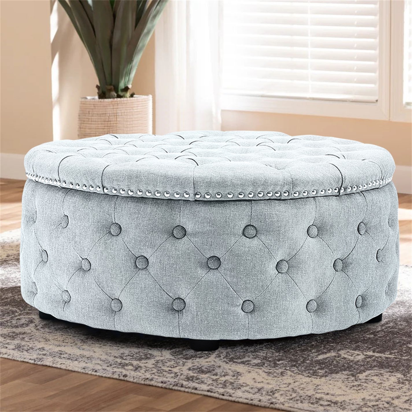 Cottonfy UK | Contemporary Round Ottoman with Grey Fabric | Grey White ...