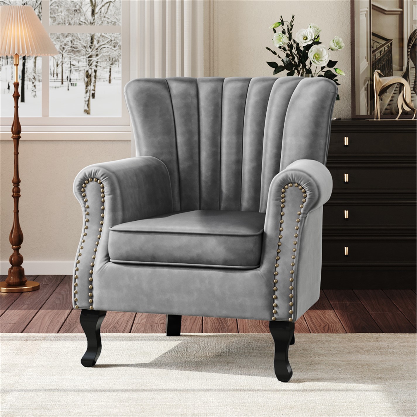 Kabinet UK | Vintage Velvet Wing Back Armchair with Studs | Grey ...