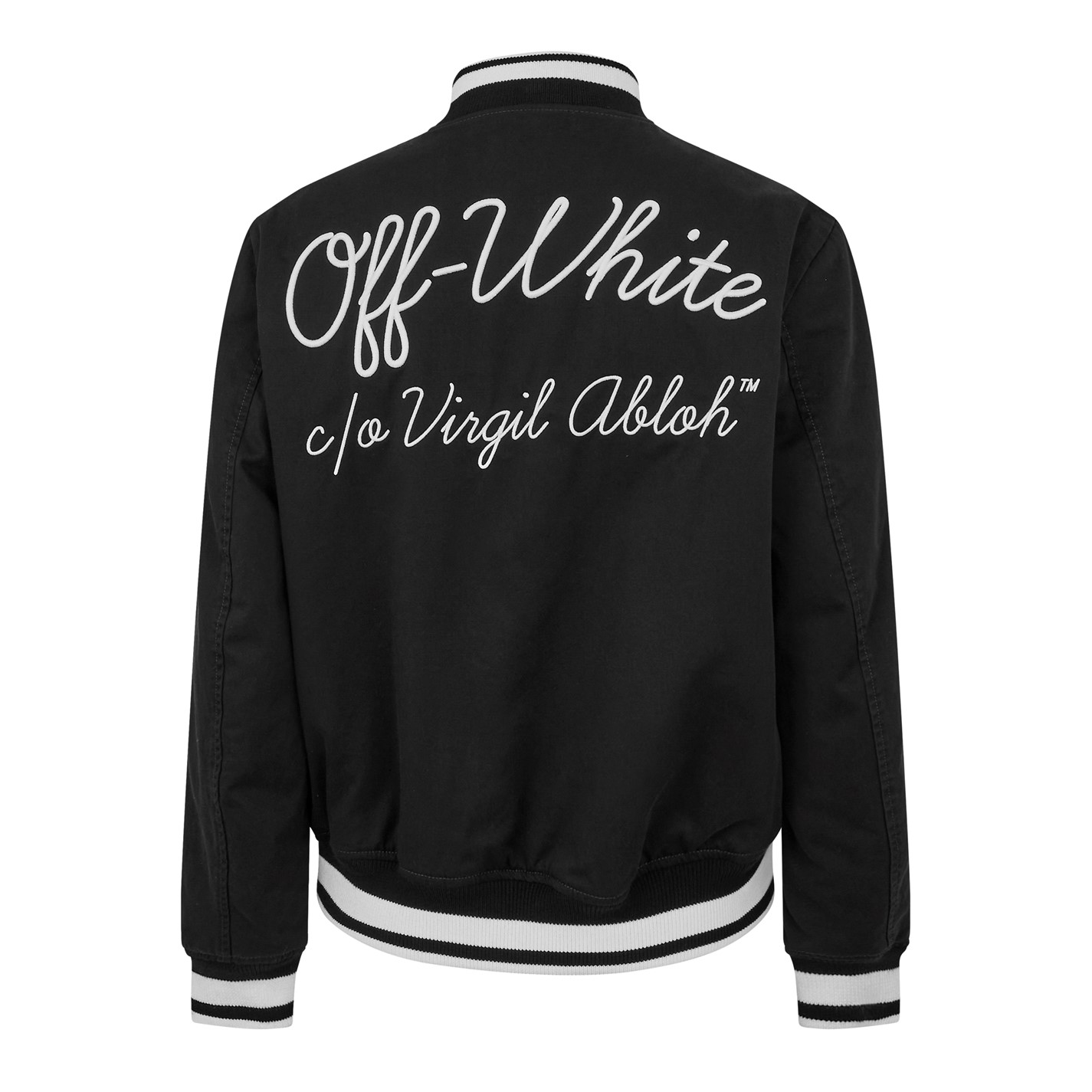 OFF WHITE | Men's Script Cotton Long Sleeve Varsity Jacket | Black ...