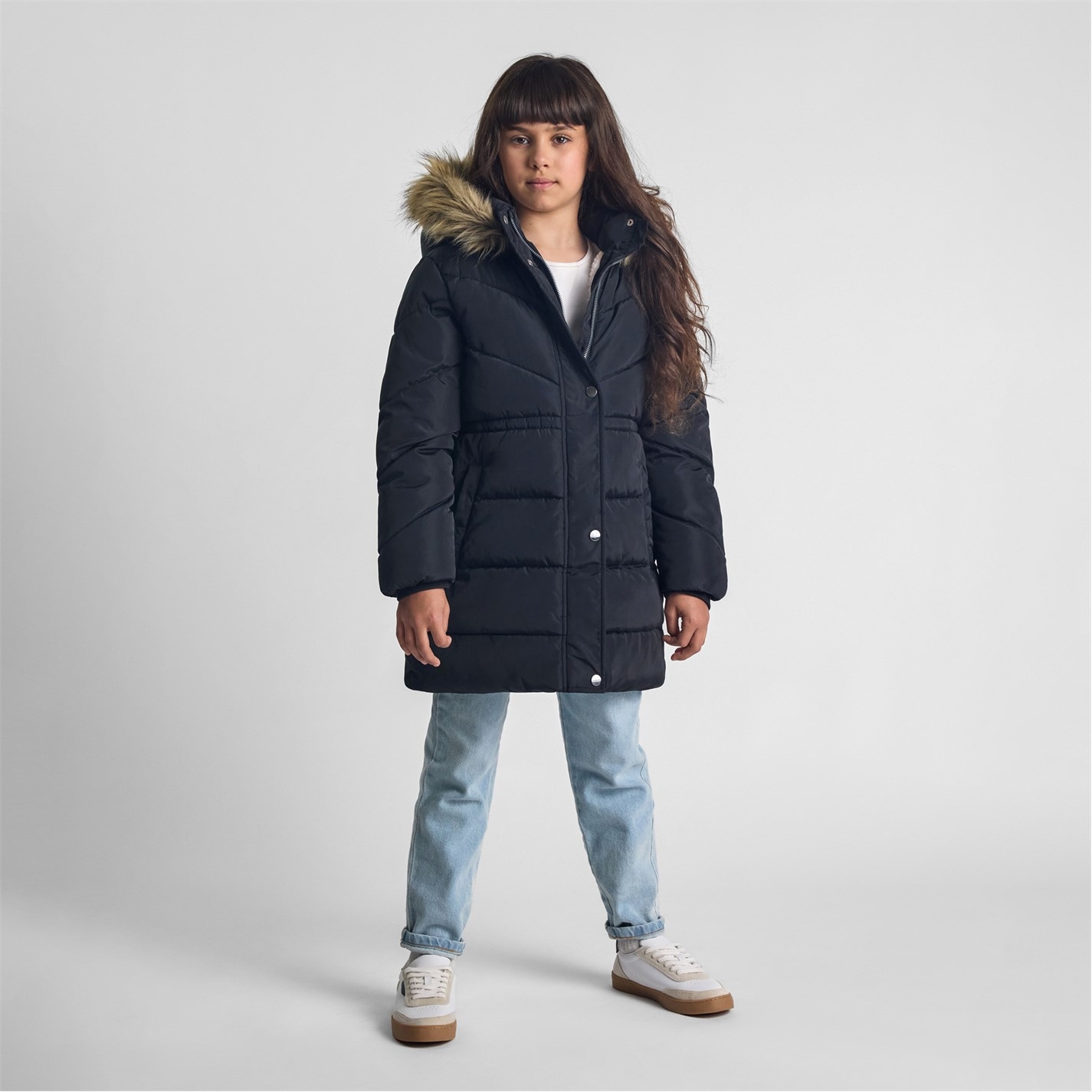 Minoti | Girls winter coat with faux fur trim black | Black ...