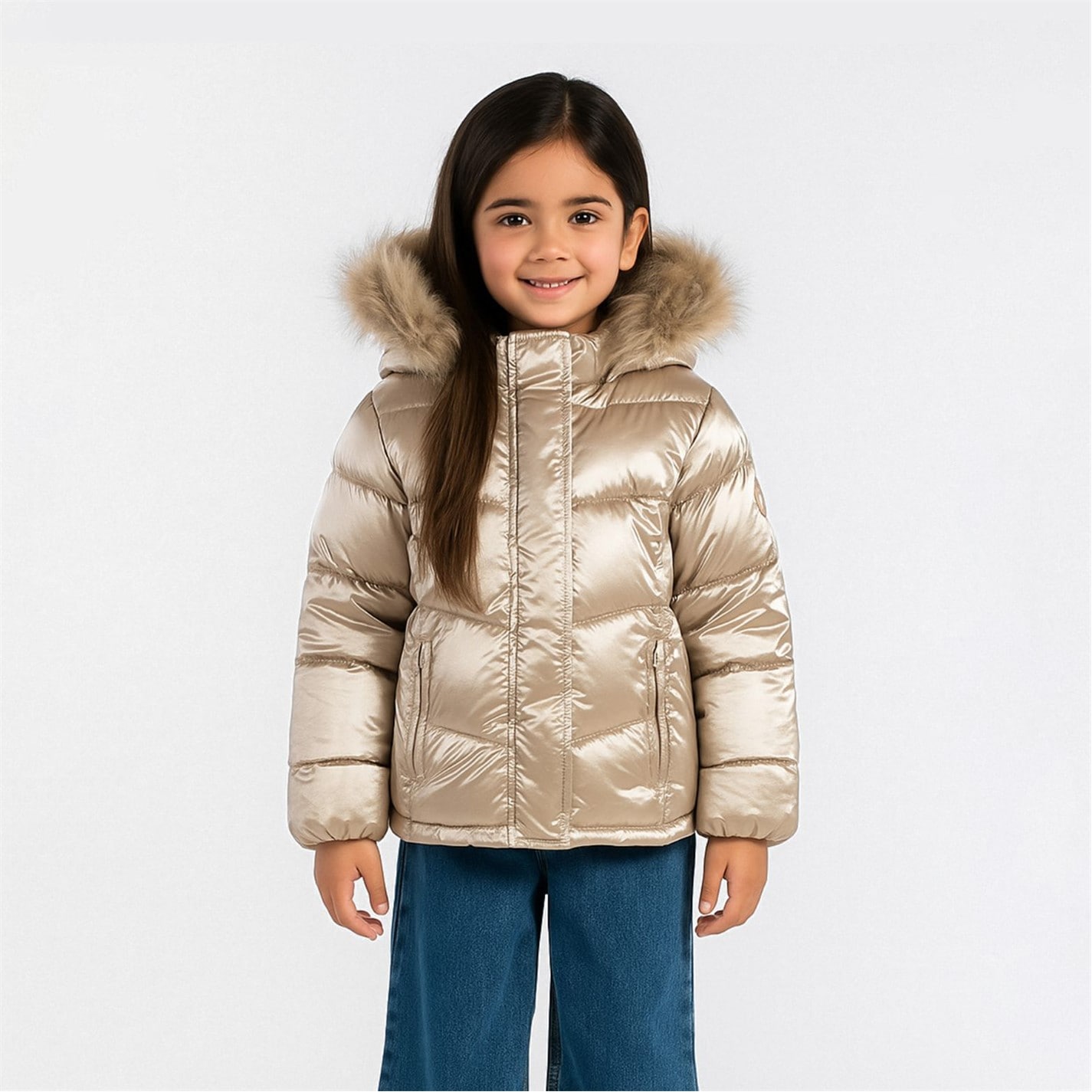 Minoti | Girls winter jacket metallic finish beige | Sand ...