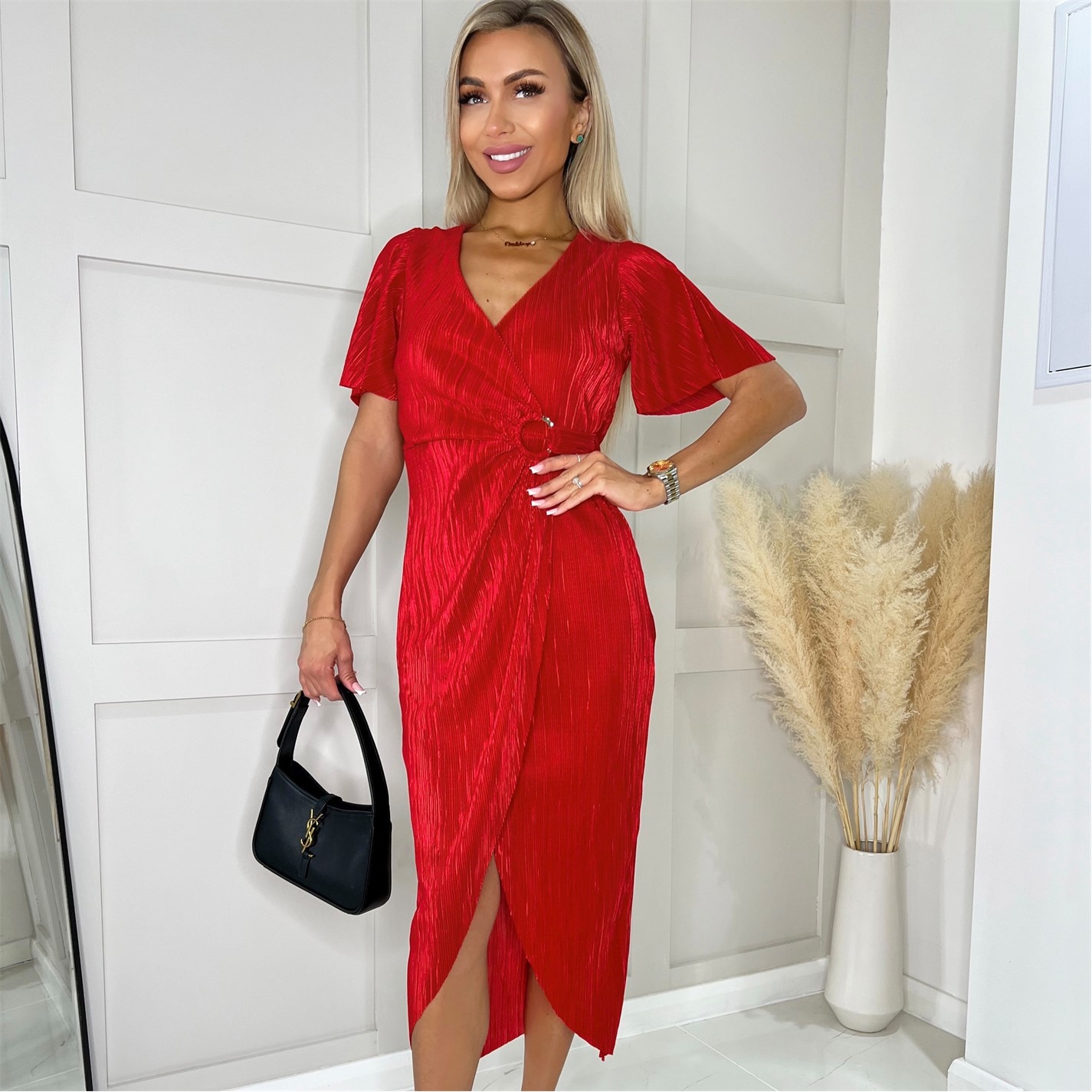 AX Paris | Short Sleeve Plisse Wrap Midi Dress | Red | SportsDirect.com