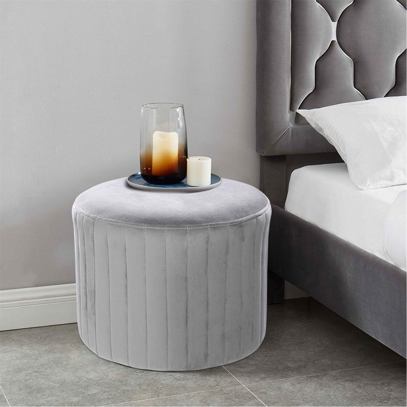 Cottonfy UK | Round Velvet Dressing Table Ottoman | Grey | SportsDirect.com