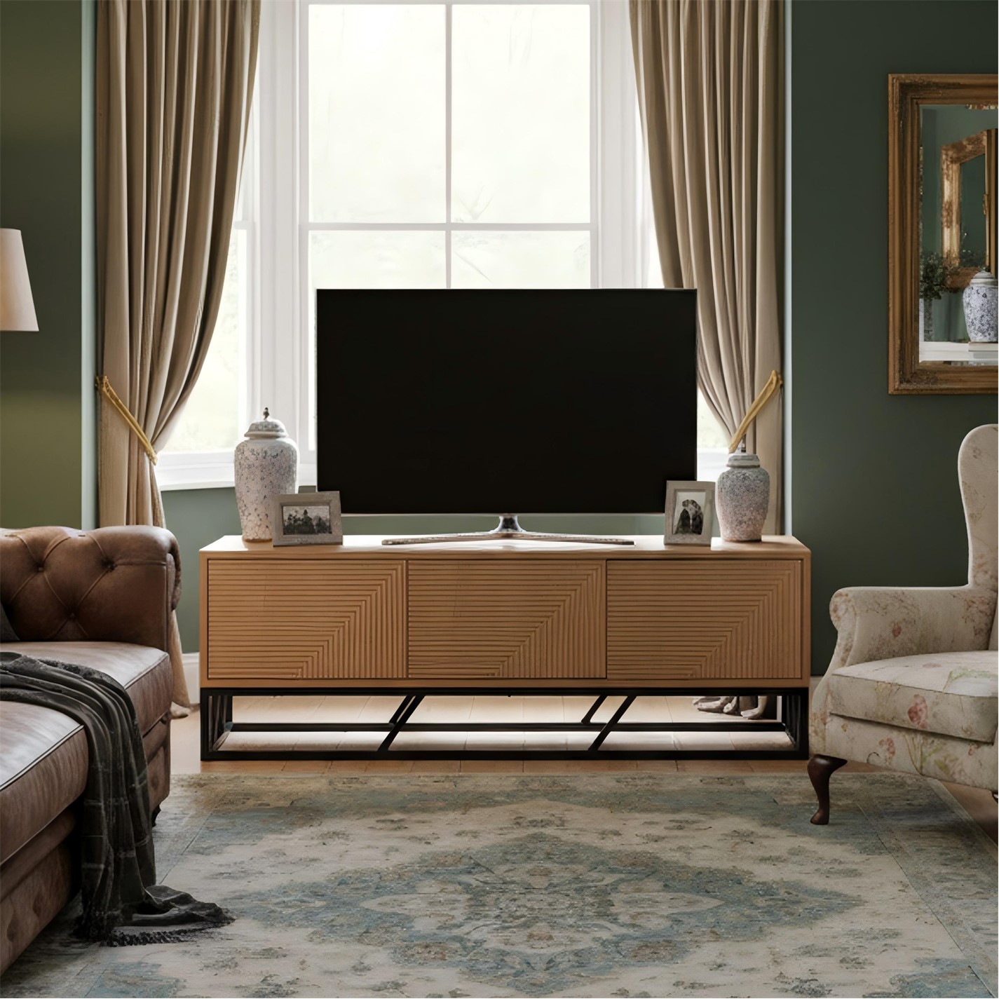 Biba | Mabel Grooved Oak Colour Wooden TV Unit 3 Doors | Brown ...