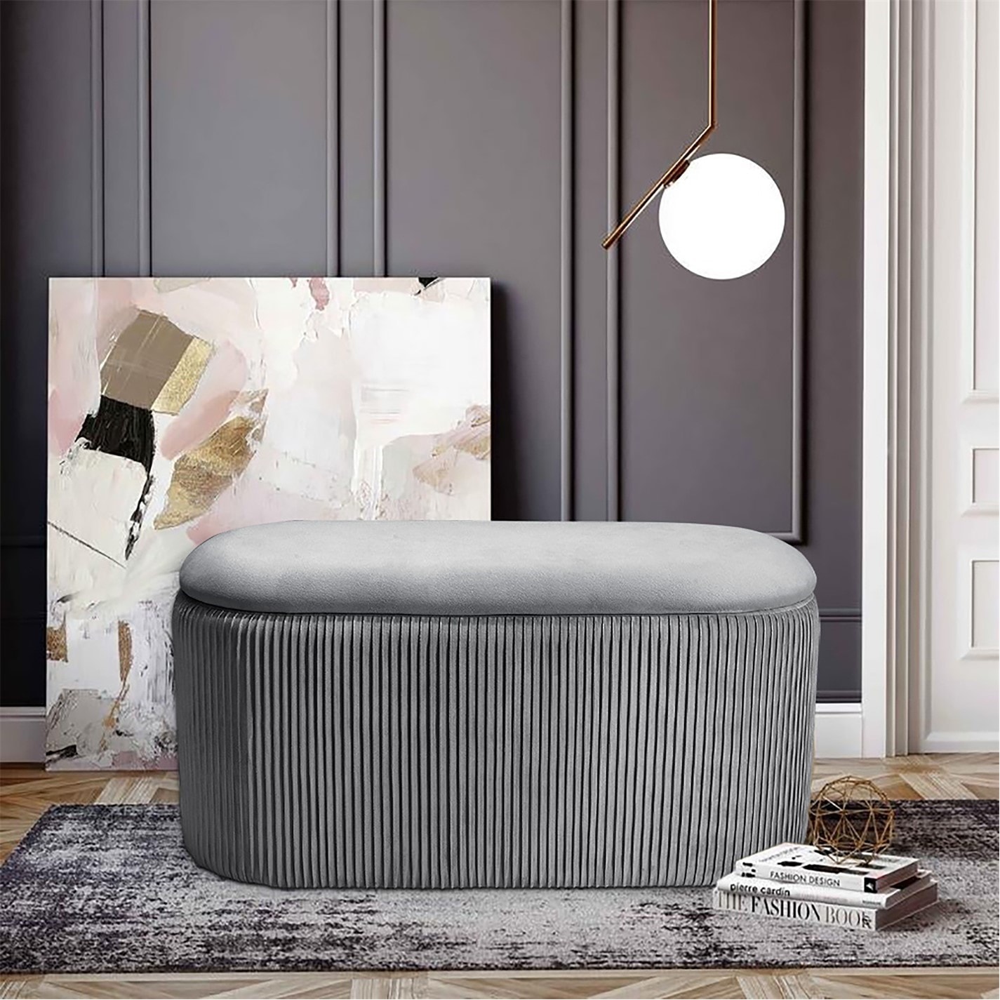 Living and Home | Modern Pleated Storage Oval Ottoman, Grey | Grey ...