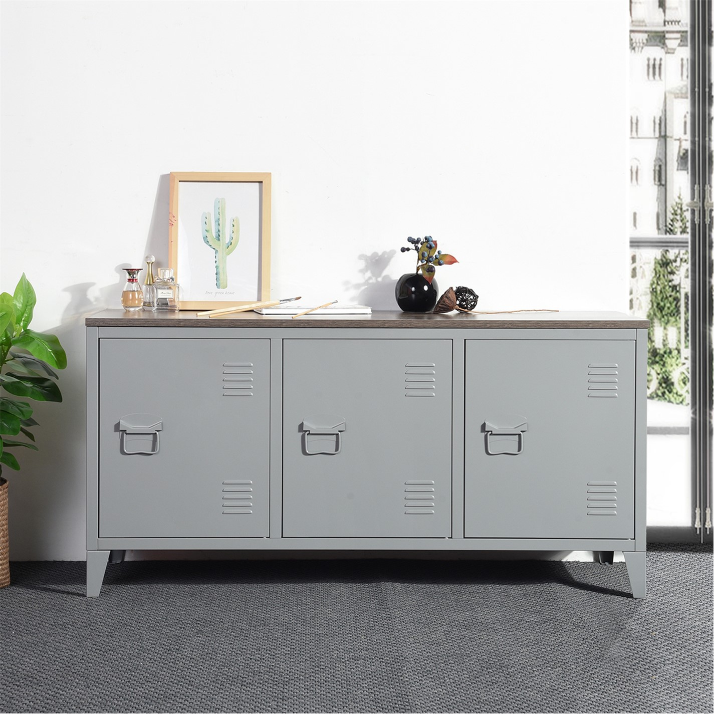 FurnitureR Sideboard Cabinet with 3 Doors and Wood-Effect Top 120.5 x ...