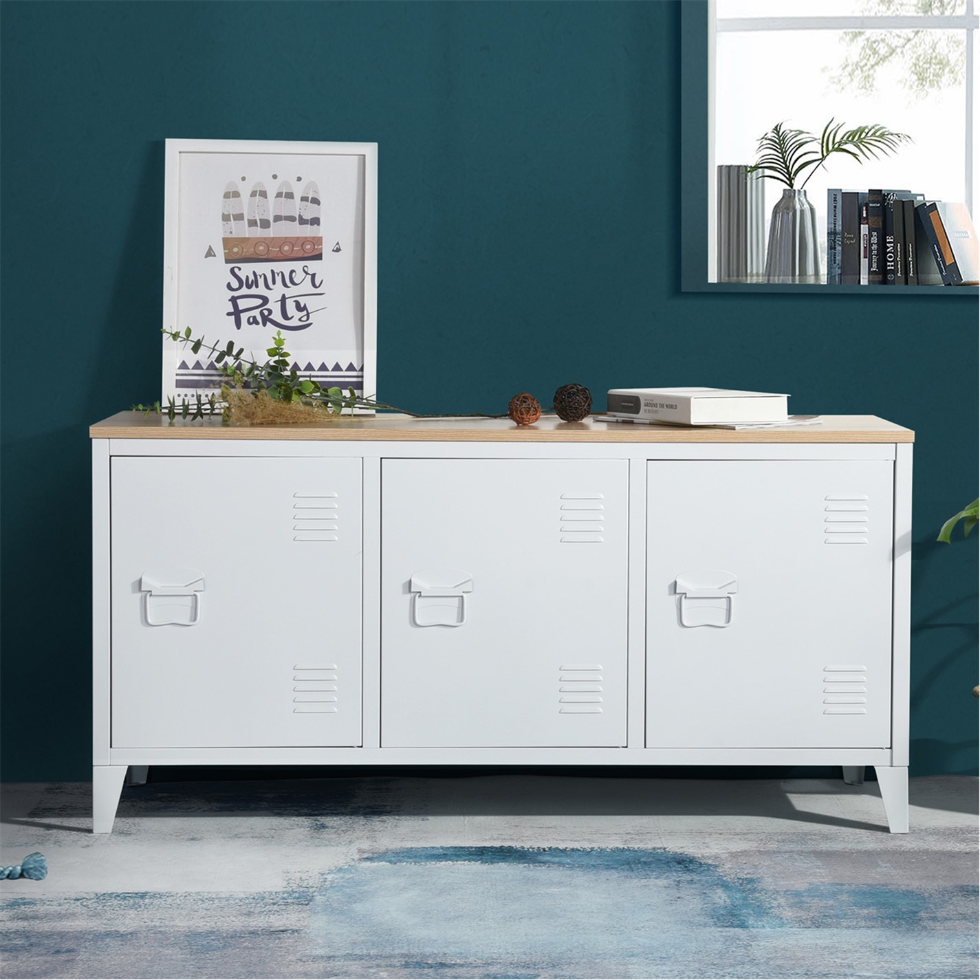FurnitureR Metal Sideboard Cabinet with 3 Doors and Wood-Look Top 120.5 ...