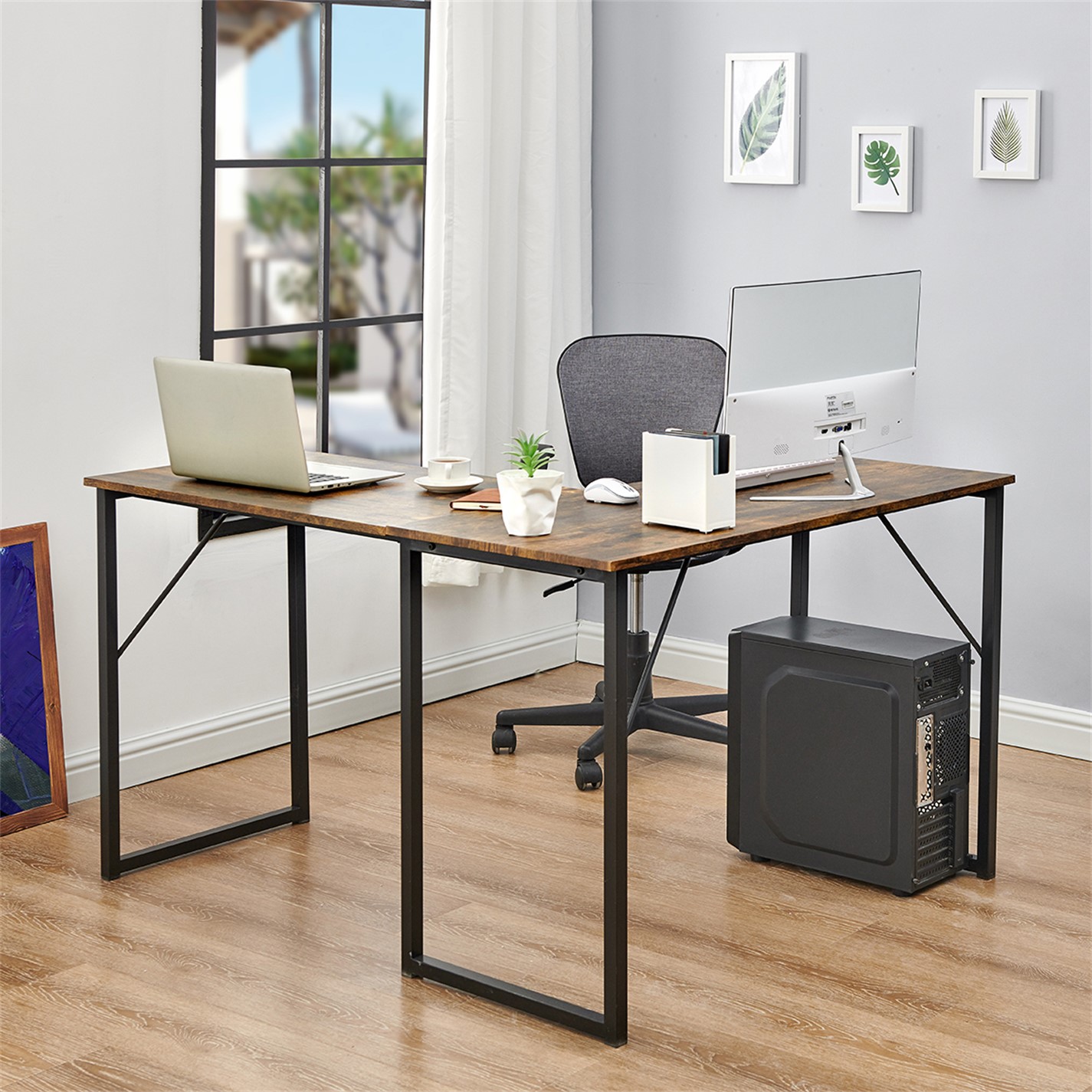 FurnitureR Corner Desk 129 cm Home Office Computer Table with Metal ...