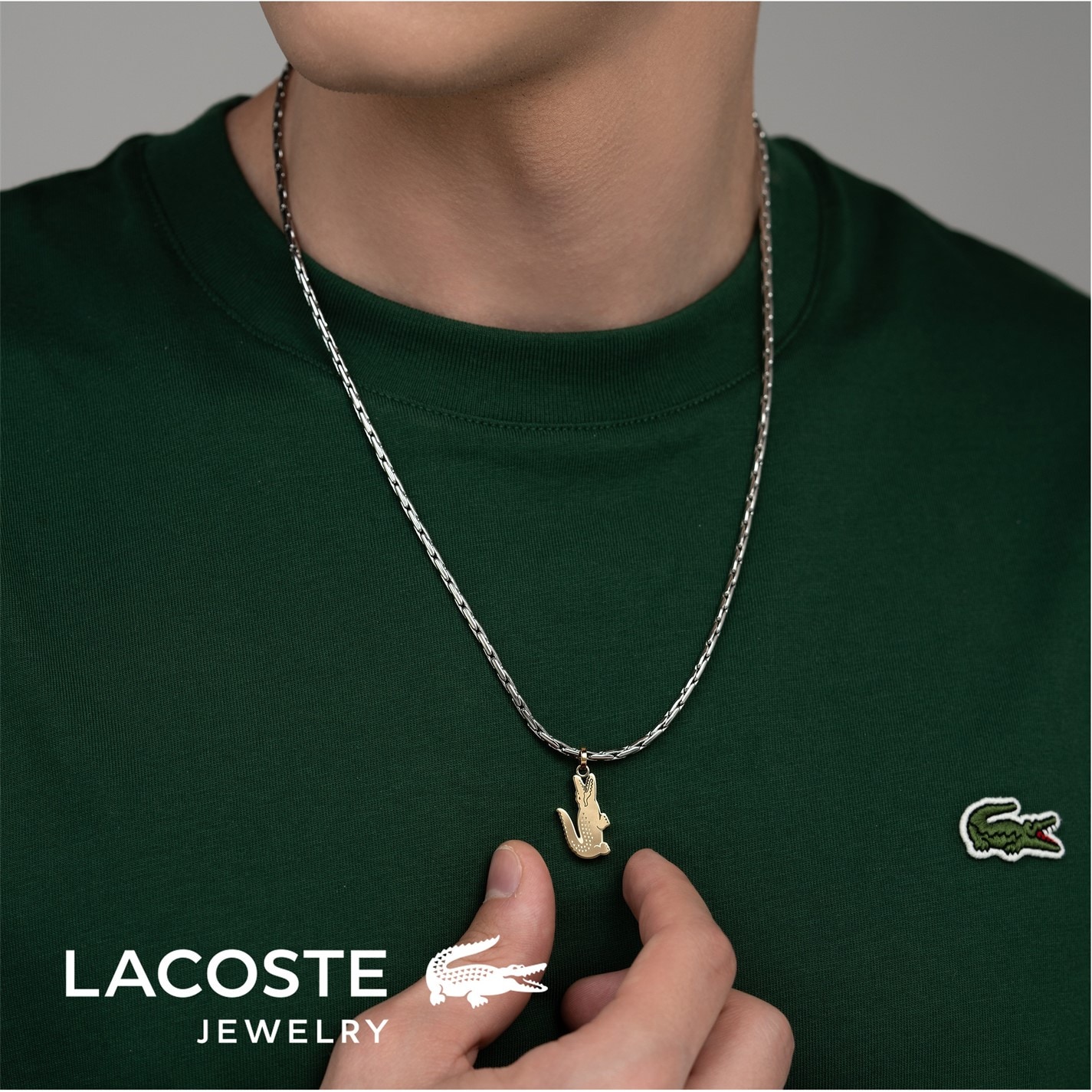Lacoste | Mens Arthor Crocodile Box Chain Necklace | Silver ...