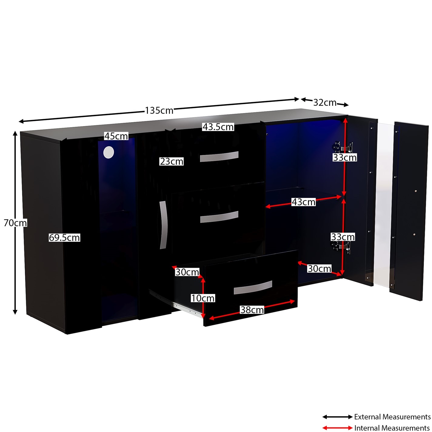 Lassic | Astro 2 Door 3 Drawer Multi LED Sideboard | Bedside Cabinets ...