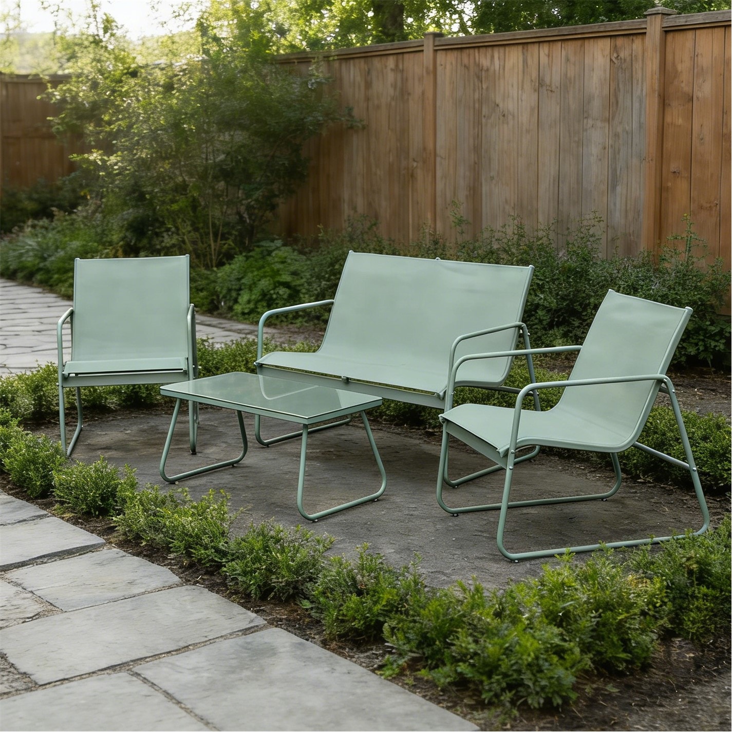 Linea | 4-Piece Weather Resistant Glass Top Garden Dining Set | Sage ...